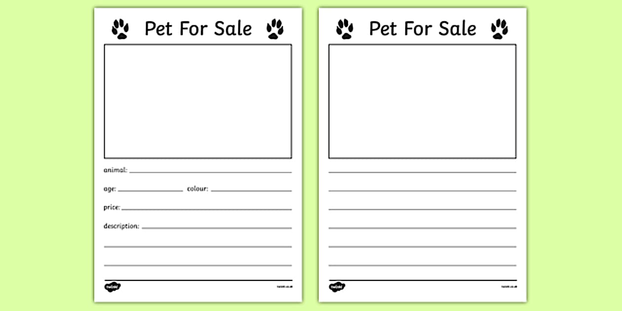 Pet for Sale Writing Template (teacher made) - Twinkl