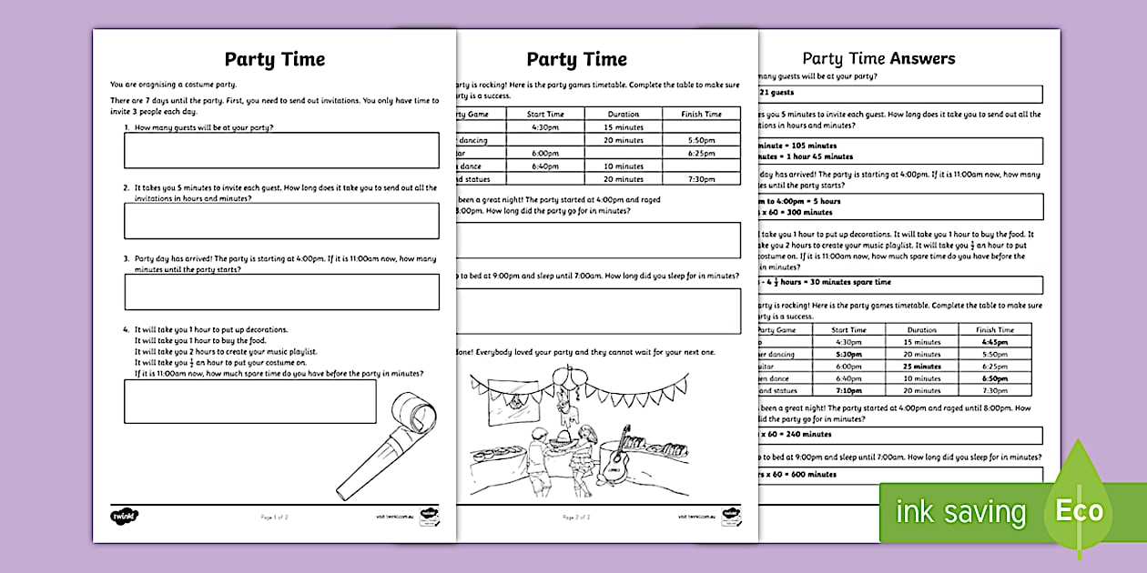 Cursive Party Time Problem Solving Worksheet (teacher made)