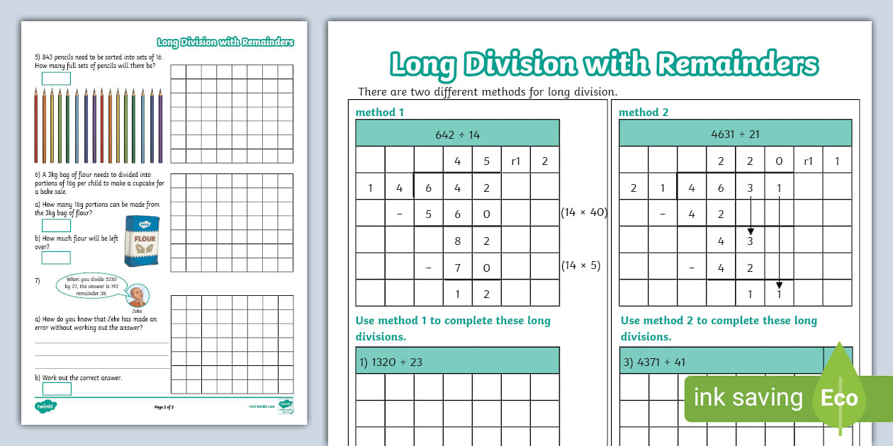 👉 Long Division with 1 & 2-digit Remainders Activity Sheet