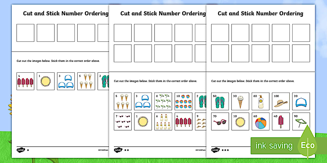 Editable Summer Themed Cut and Paste Number Ordering Activity