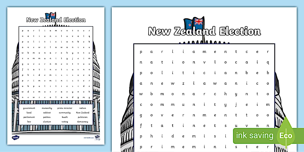 Black and White New Zealand Election Word Search - Twinkl