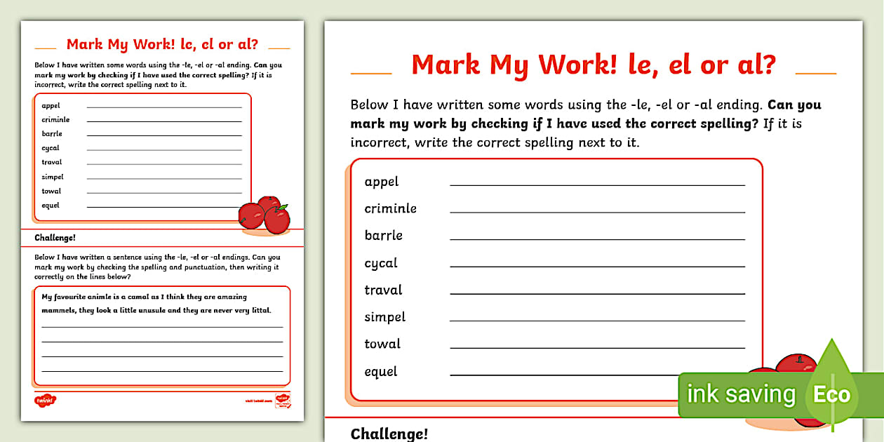 Mark My Work! -le, -el and -al Suffixes, Be The Teacher