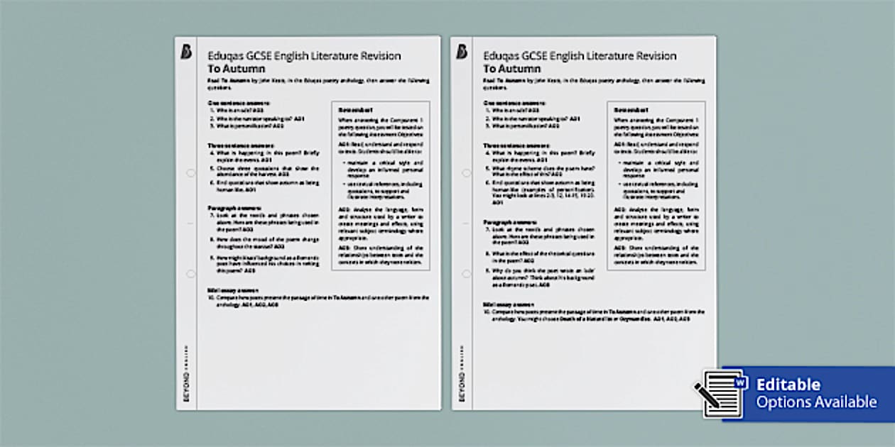 John Keats To Autumn Eduqas Poetry Revision Sheet | GCSE