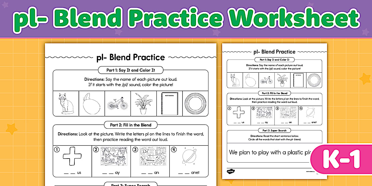 pl- Blend Practice Worksheet for K-1st Grade