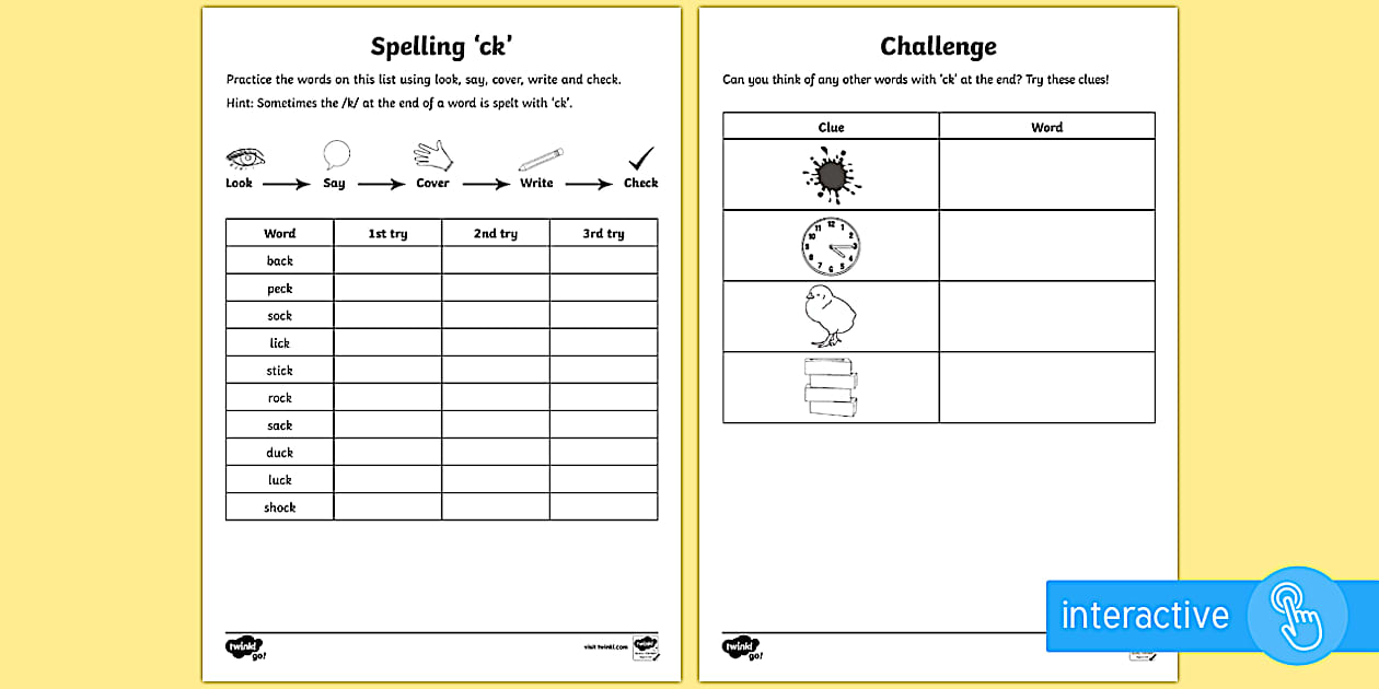 Year 1 Spelling Practice 'ck' Worksheet (teacher made)