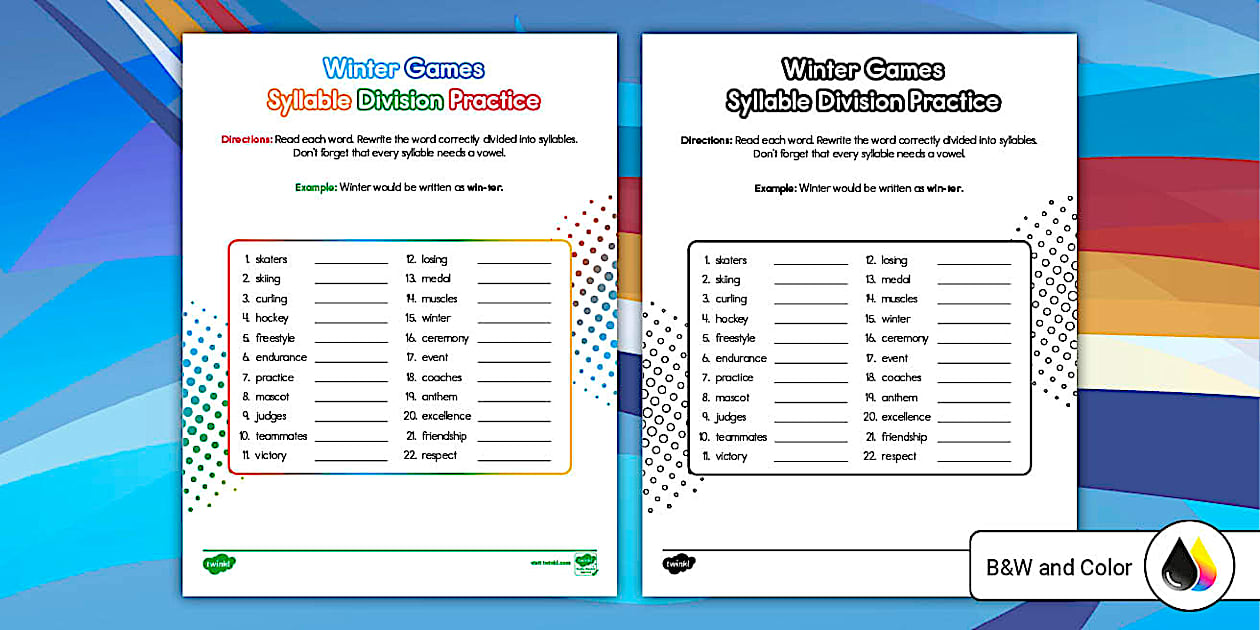 Winter Games Syllable Division Worksheet for 1st-2nd Grade