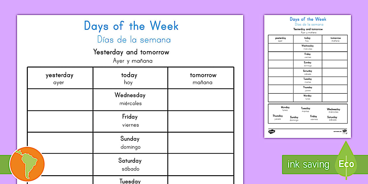 Days of the Week Yesterday and Tomorrow Worksheet | Twinkl