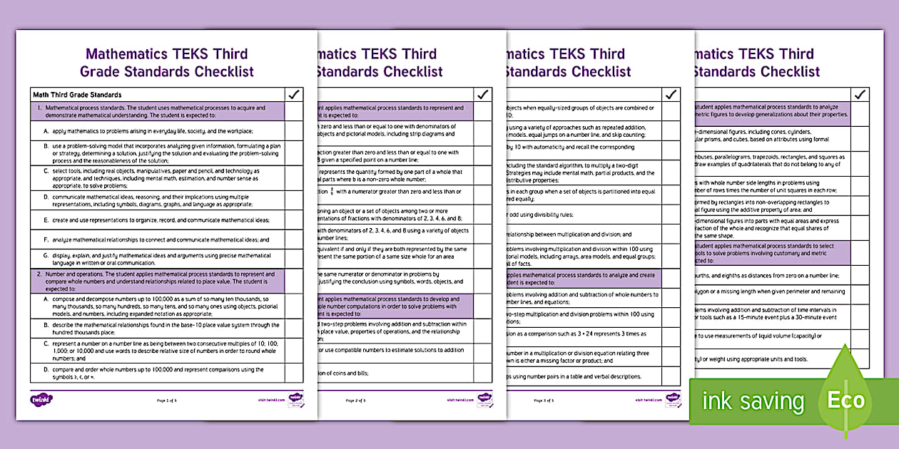 Mathematics TEKS Third Grade Standards Checklist - Twinkl