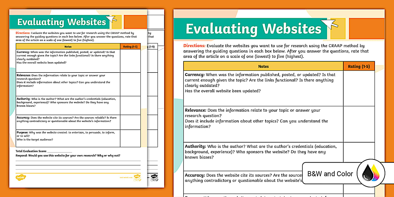 Evaluating Websites Graphic Organizer for 6th-8th Grade