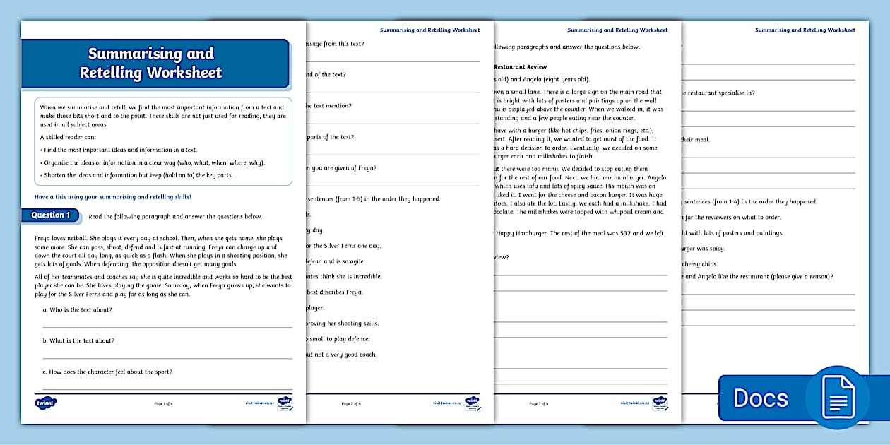 Reading Comprehension Skills: Summarising and Retelling Worksheet (Year ...