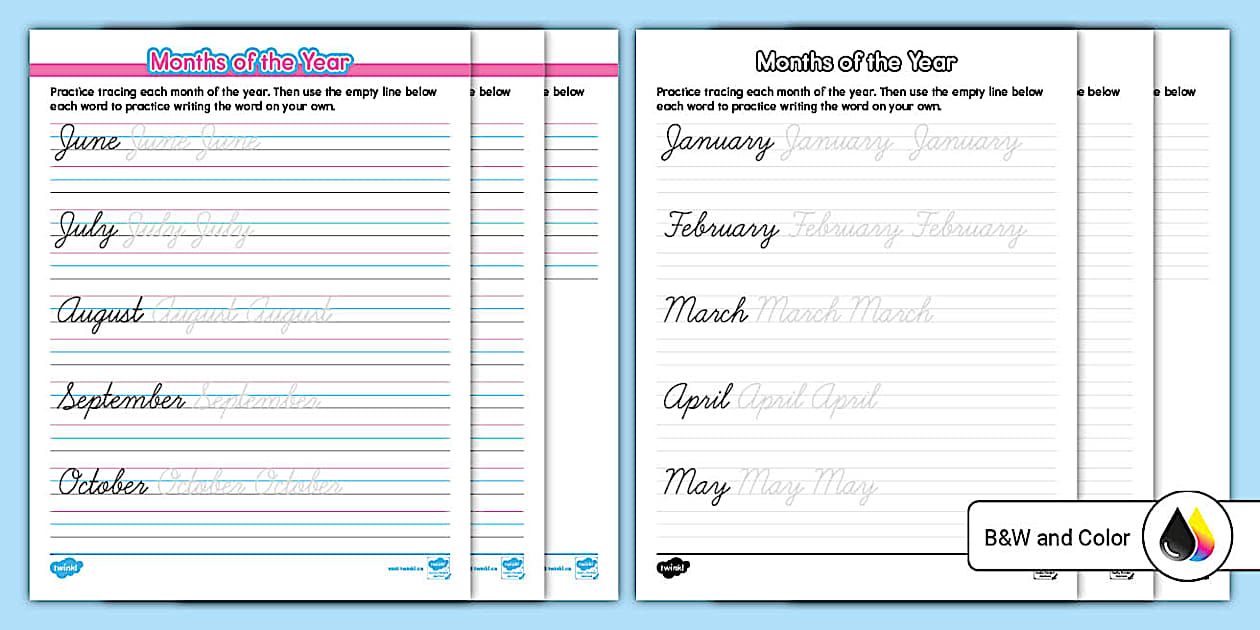 Cursive Months of the Year Practice Worksheet (teacher made)