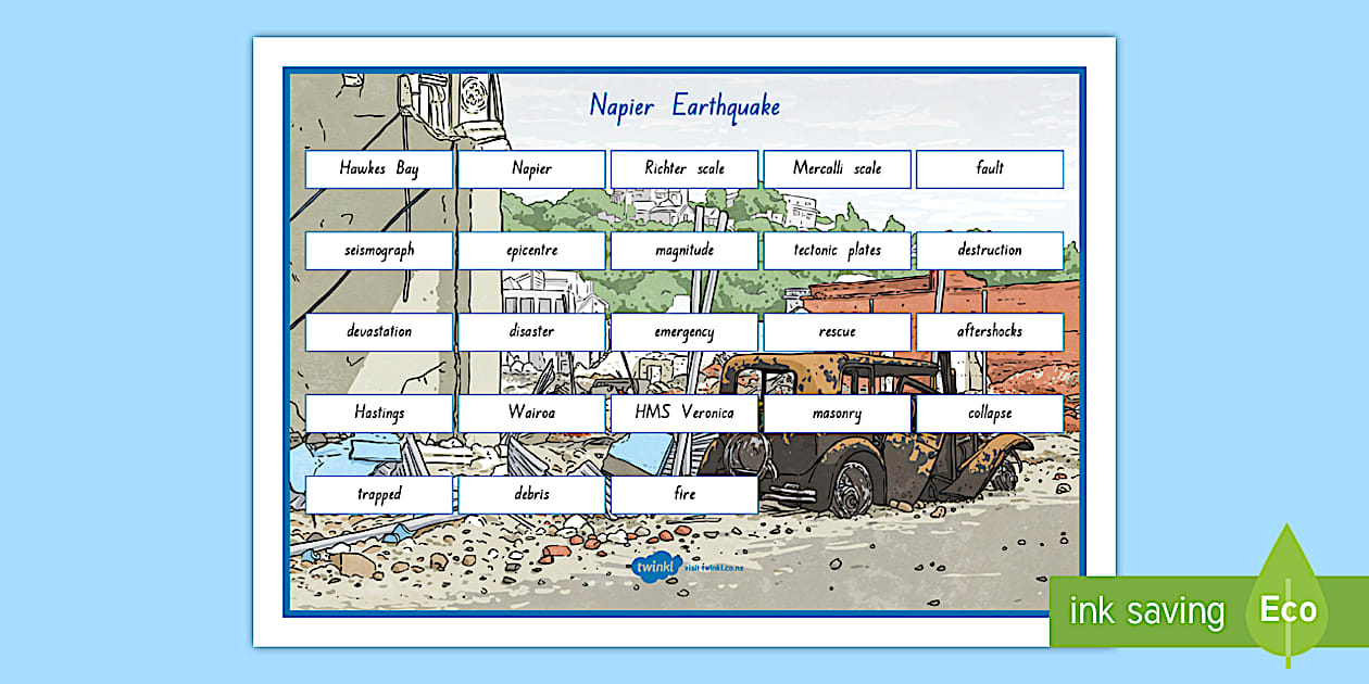 Napier Earthquake Word Mat (Teacher-Made) - Twinkl