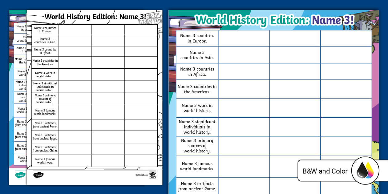 World History Edition: Name 3 Game for 3rd-5th Grade