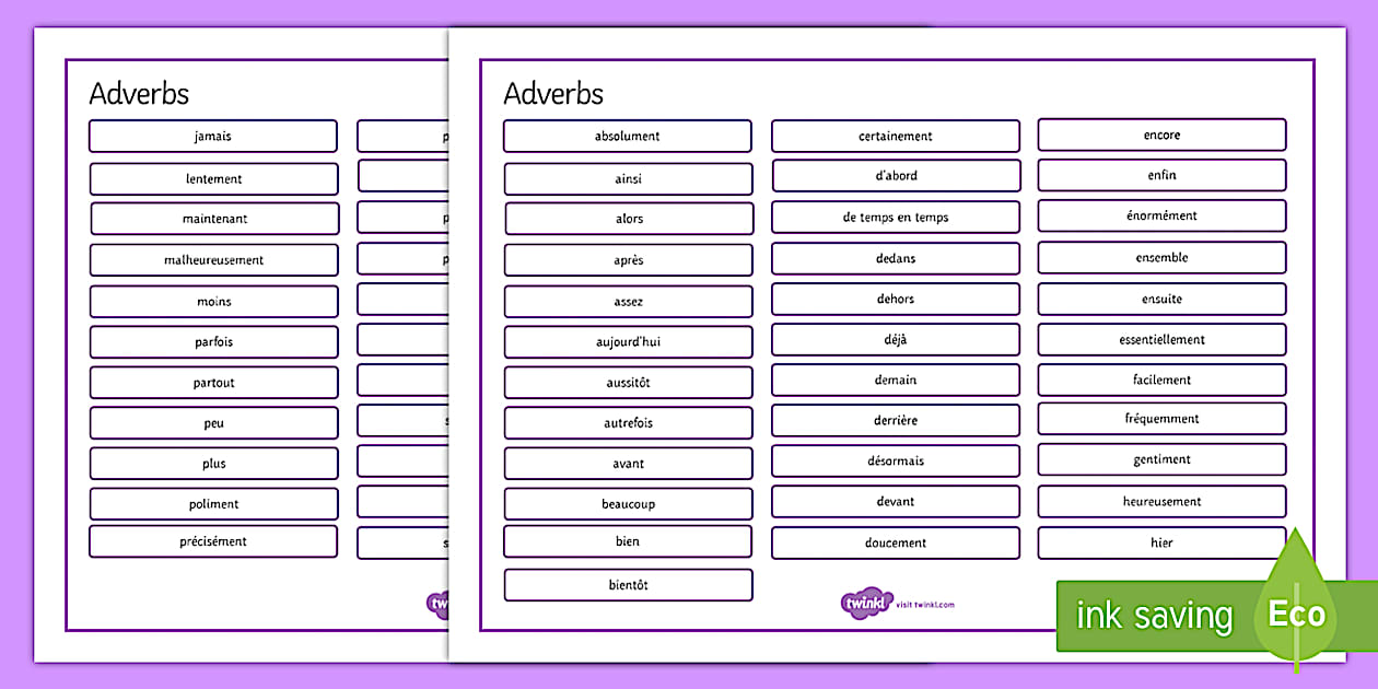 List of French adverbs worksheet KS3