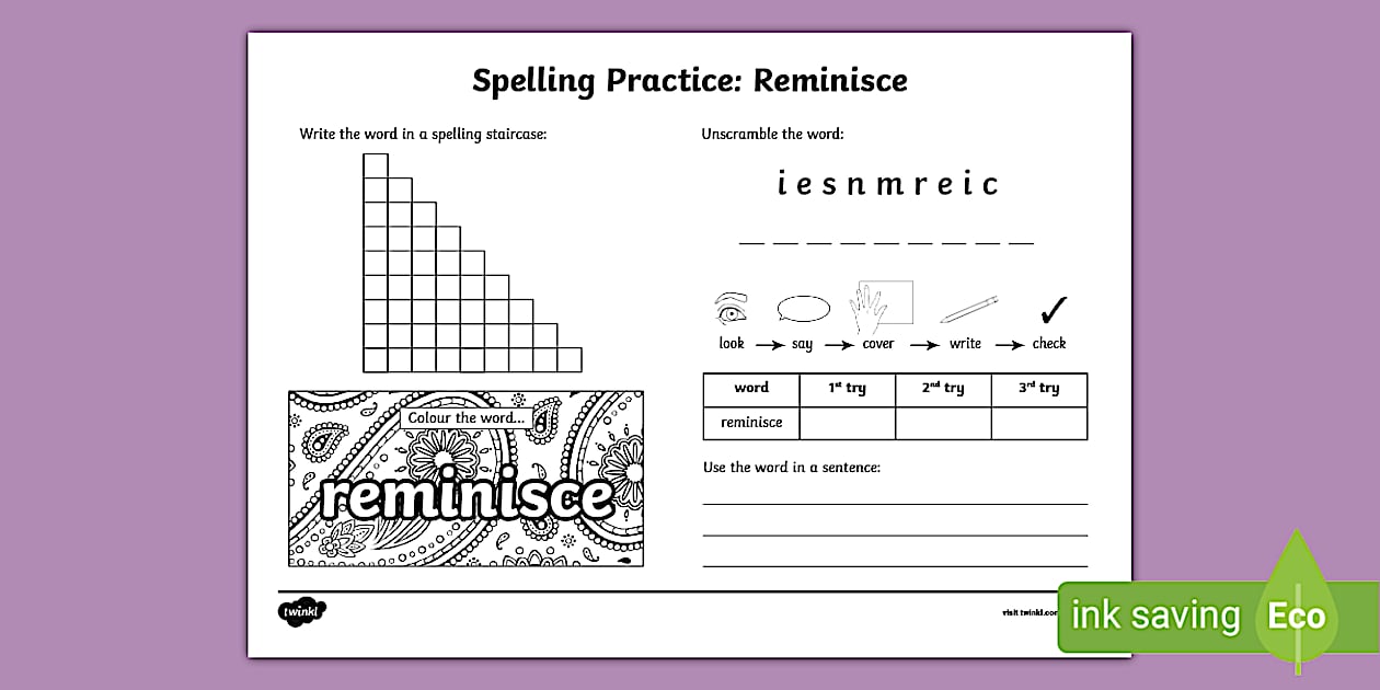 Reminisce Spelling Practice Worksheet (Teacher-Made)
