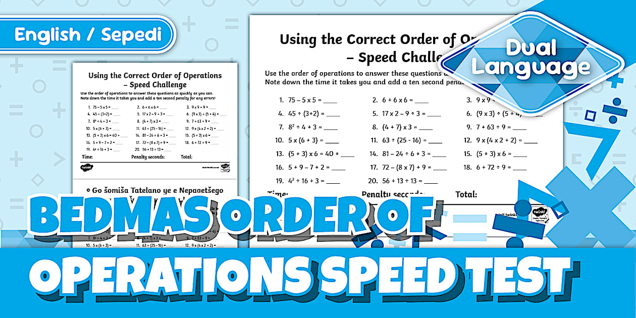 Grade 7 Maths- BEDMAS Order of Operations - Speed Challenge Test