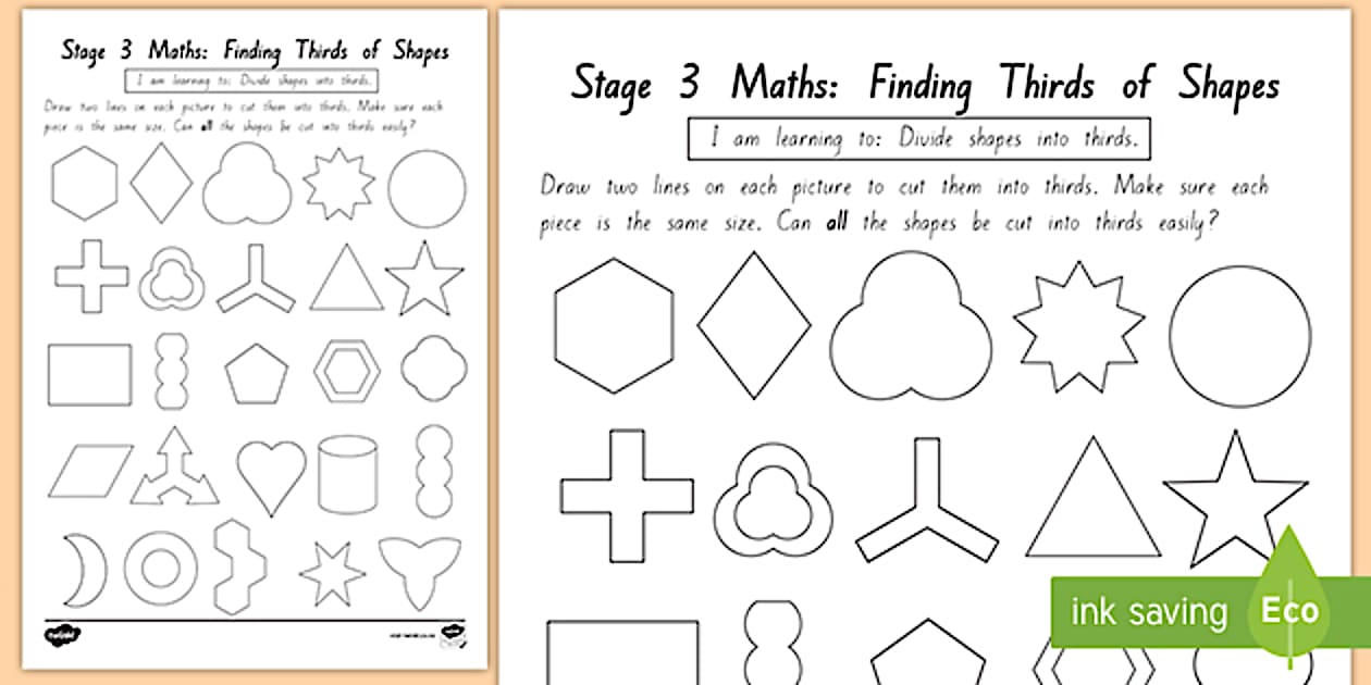 Stage 3 Maths Finding Thirds of Shapes Worksheet - Twinkl