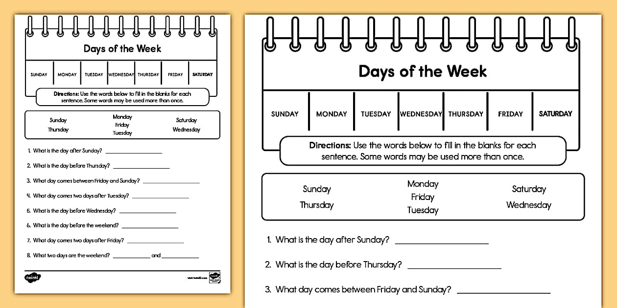 Second Grade Days of the Week Vocabulary Worksheet - Twinkl