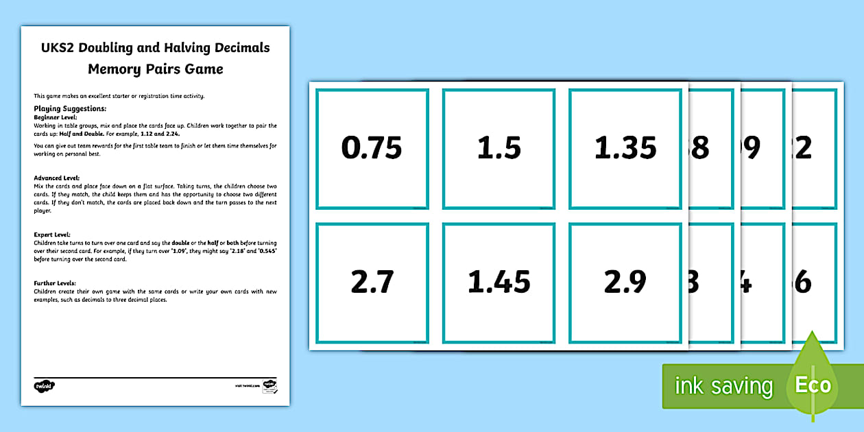UKS2 Doubling Halving Decimals Memory Pairs Game - Twinkl