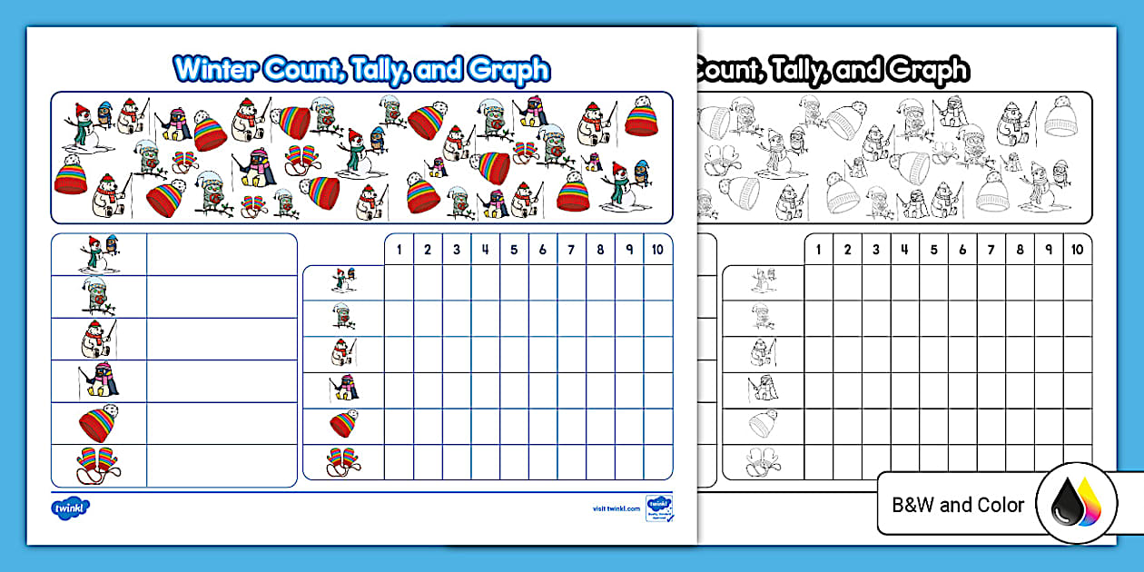 First Grade Winter Count, Tally, and Graph Worksheet