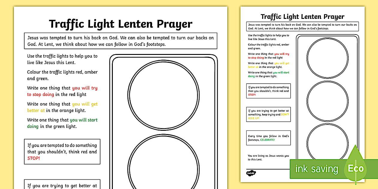 Traffic Light Lenten Prayer Worksheet / Worksheet - Twinkl