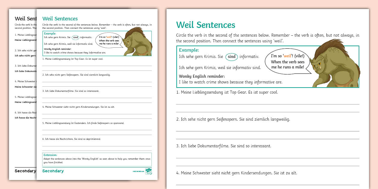 Conjunction Practice Using 'Weil' Worksheet / Worksheet German