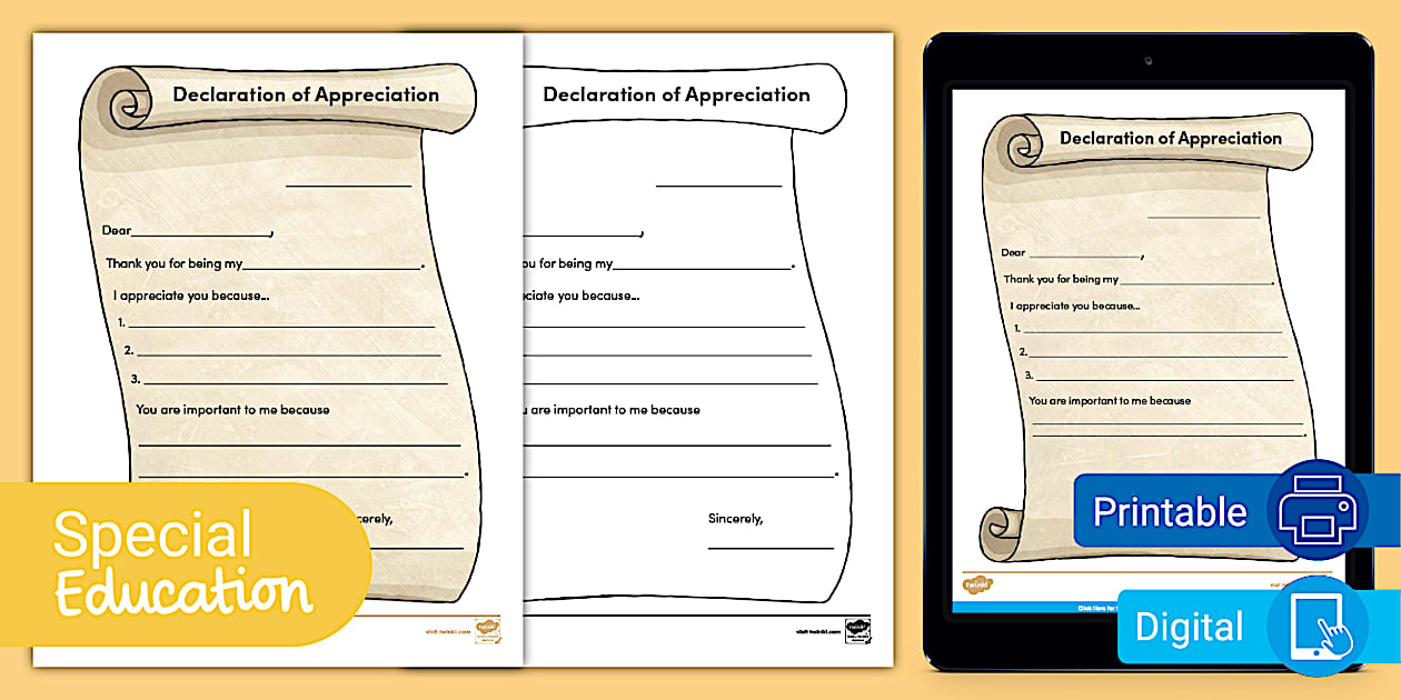 Declaration of Appreciation End of the Year Worksheet
