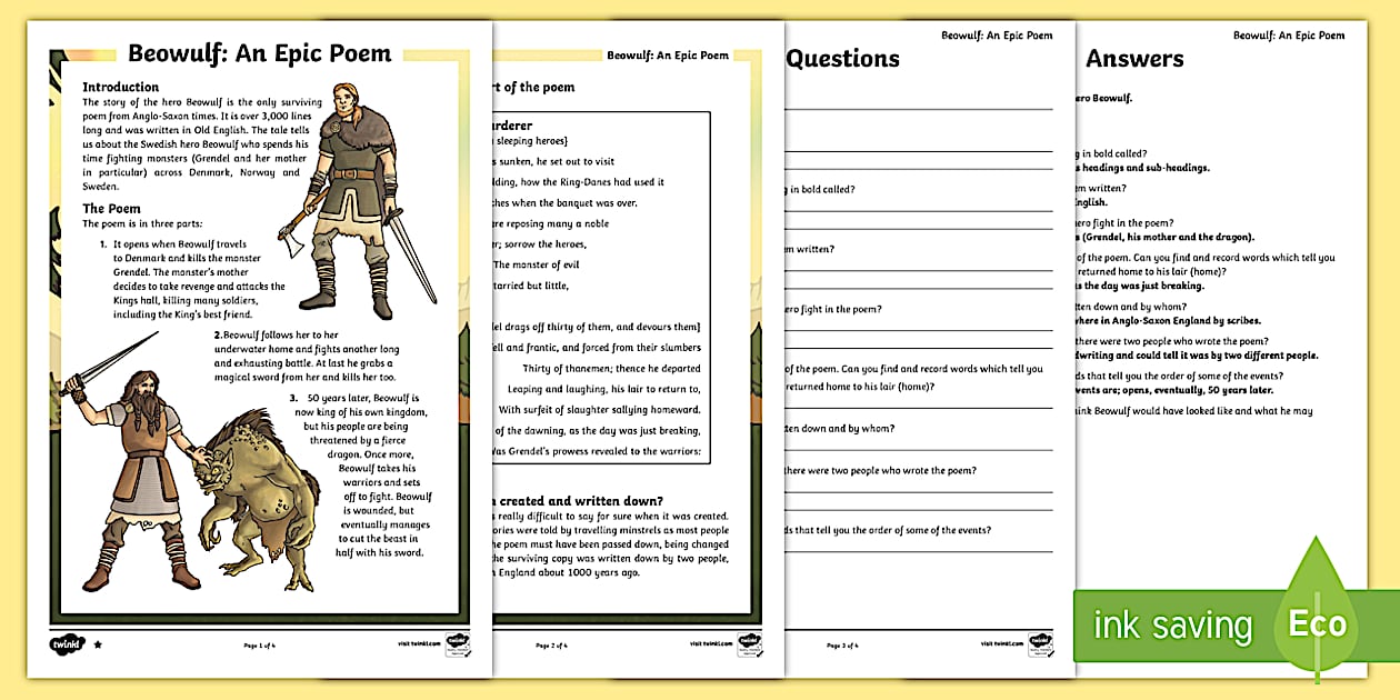 Higher Ability Beowulf Differentiated Reading Comprehension Activity