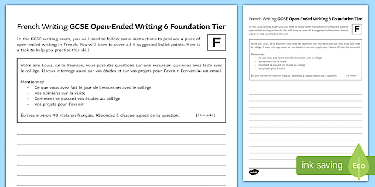 GCSE French Open Ended Writing 6 Foundation Tier Worksheet / Worksheet