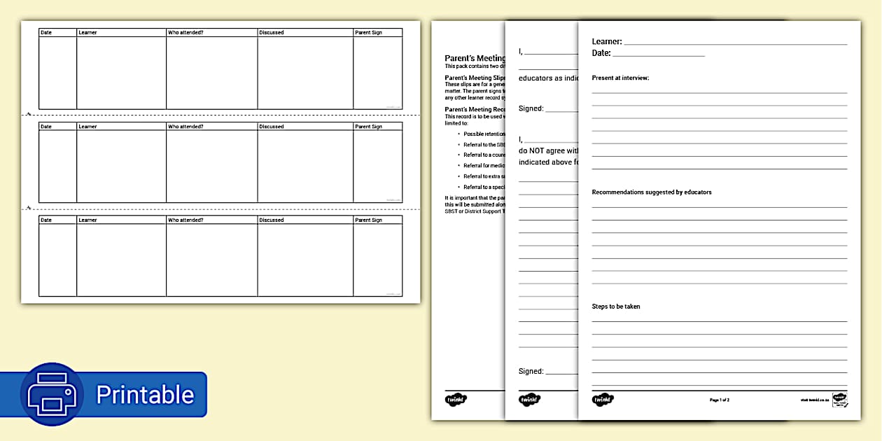 * NEW * Parent Teacher Meeting Record Sheet Pack - South Africa