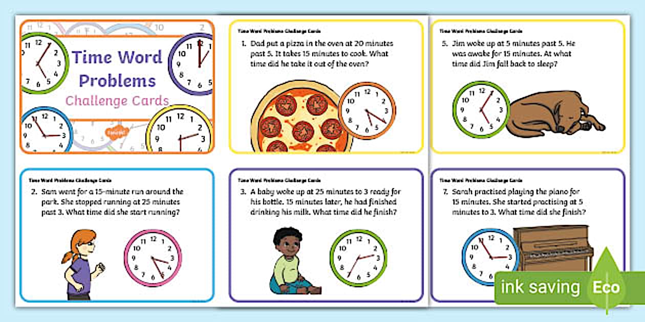 Fifteen Minute Intervals Time Word Problems Cards - Twinkl