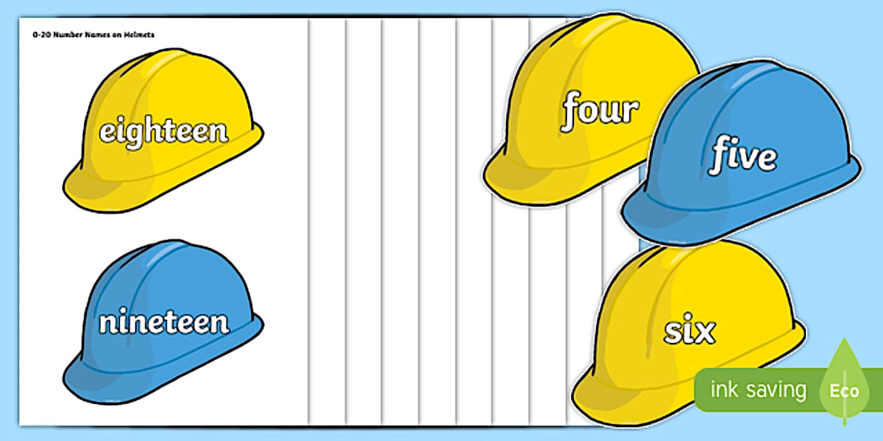 Number Names 0-20 on Hard Hats - Twinkl