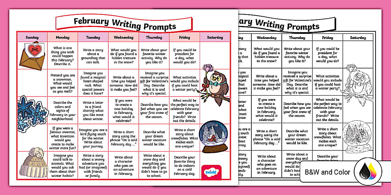 February Writing Prompts Calendar for 3rd-5th Grade - Twinkl