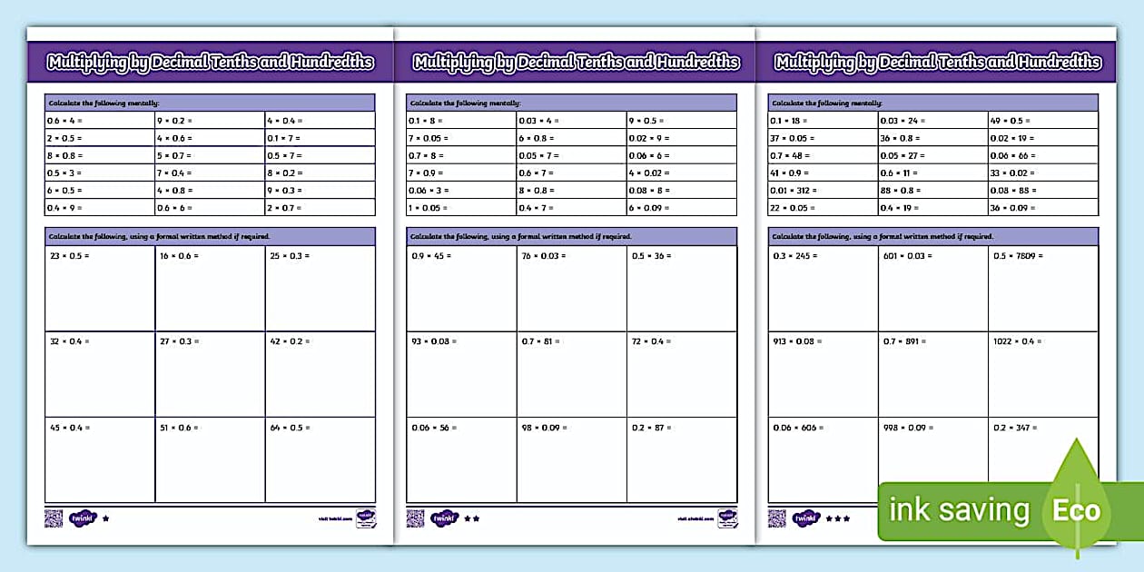 Single Digit Decimal Multiplication Worksheet for Year 6