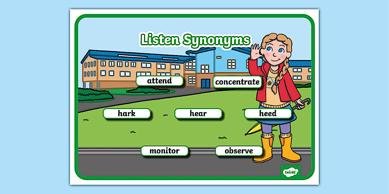 Listen Synonym Word Mat (Teacher-Made) - Twinkl