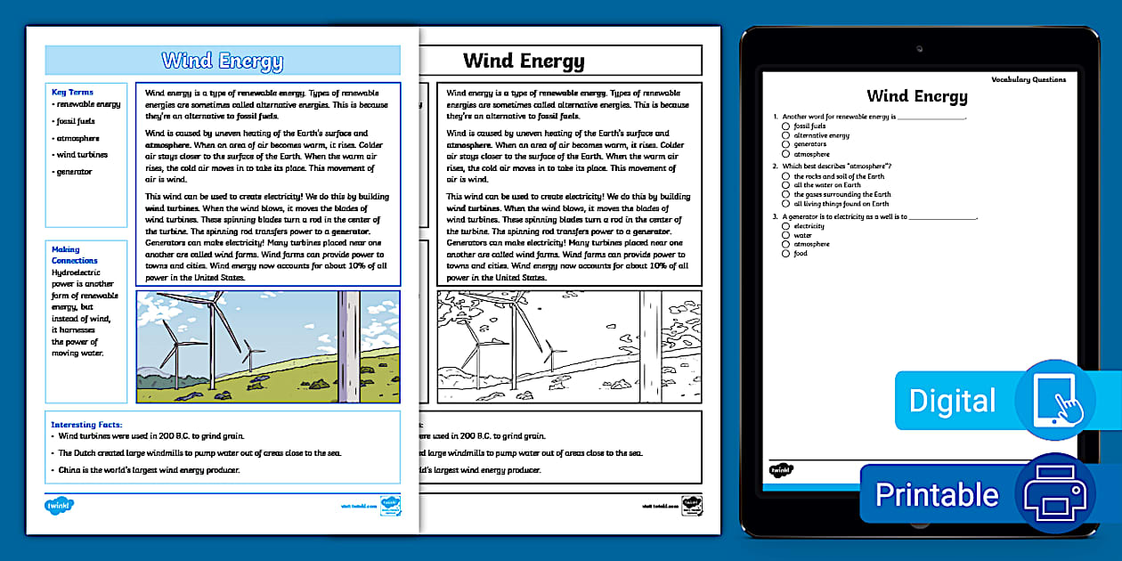 Third Grade Wind Energy Fact File and Vocabulary Questions