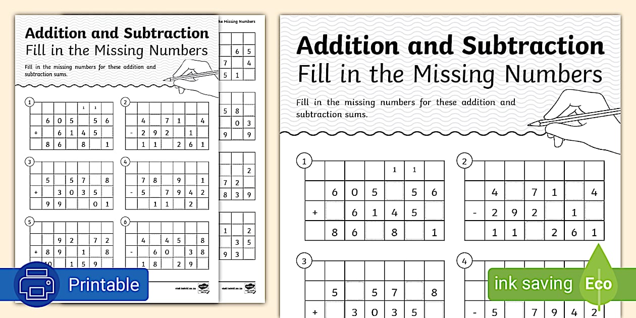 Addition and Subtraction – Fill in the Missing Numbers Activity Sheet