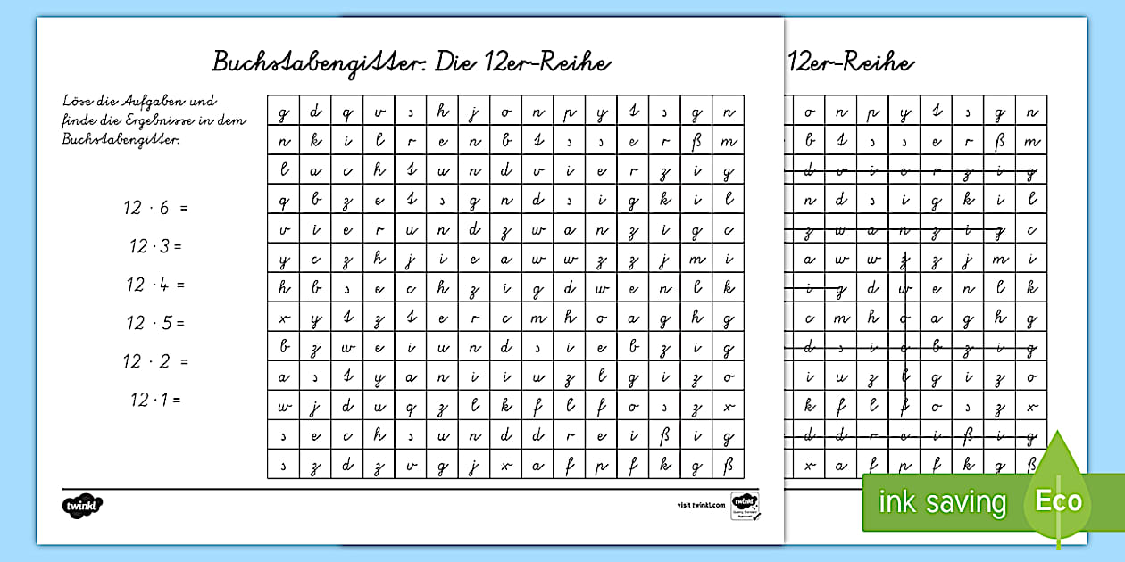 Buchstabengitter: Die 12er Reihe Arbeitsblatt - Twinkl