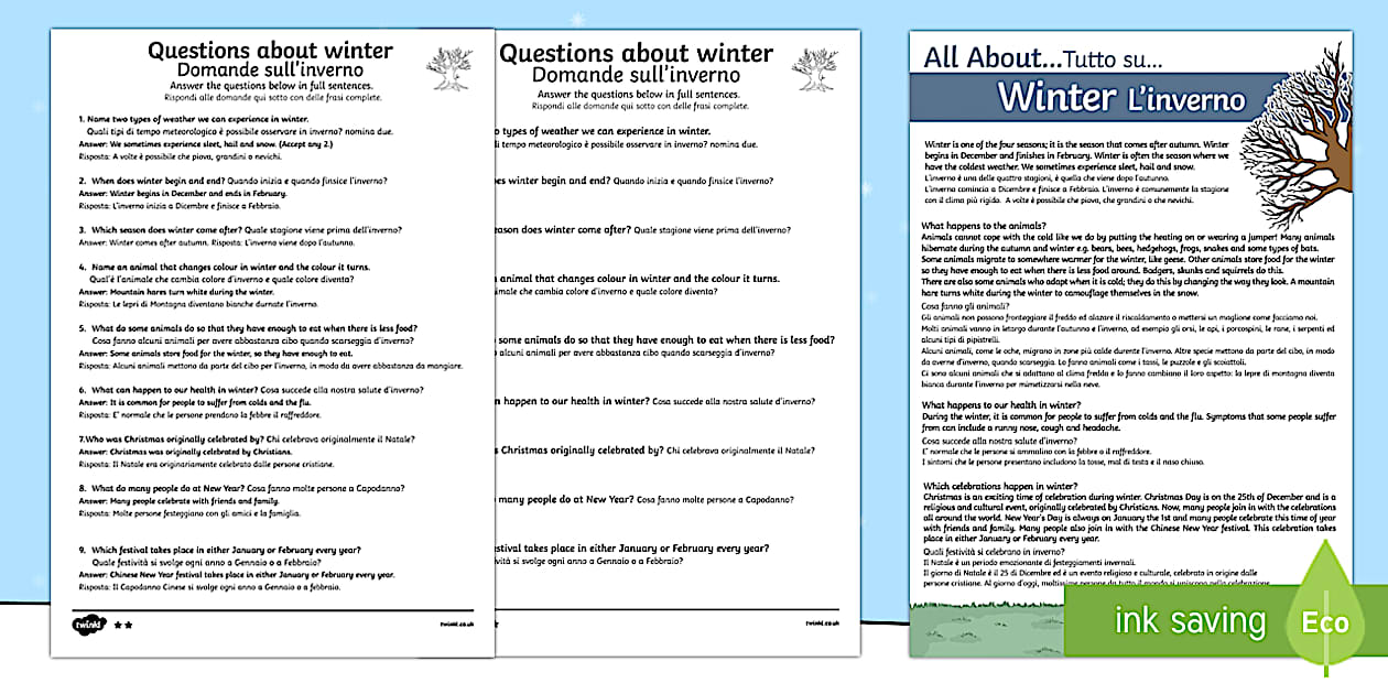Lower Ability Winter Differentiated Comprehension Worksheet English/Italian