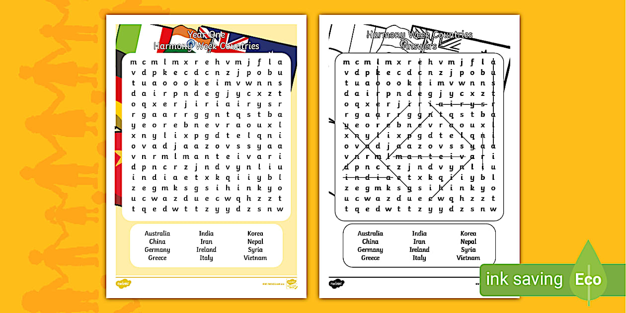 QLD Year 1 Harmony Week Countries Word Search (teacher made)