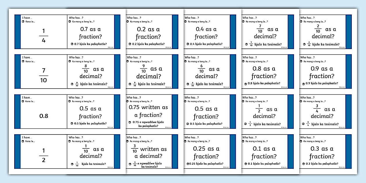 Converting Decimals and Fractions Loop Cards – Sepedi