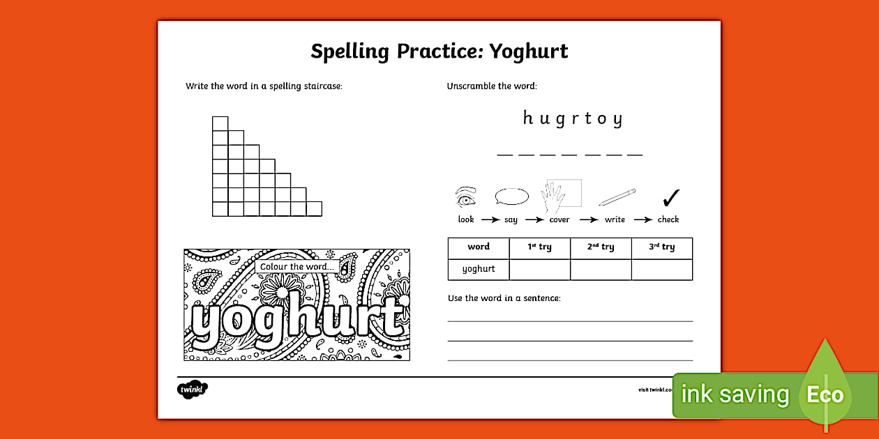 Yoghurt Spelling Practice Worksheet (Teacher-Made) - Twinkl