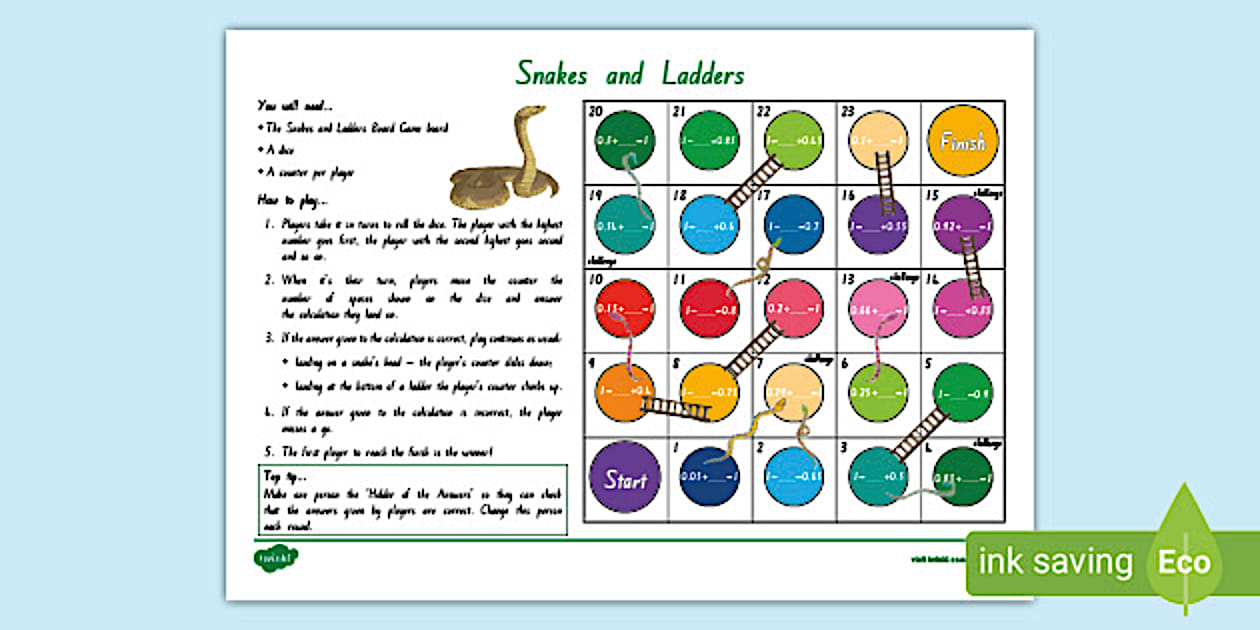 Snakes & Ladders Game - Hundredth Decimal Bonds to 1 (Stage 7)