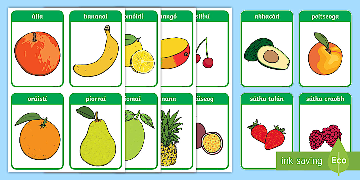 Editable Fruit Flashcards Gaeilge (teacher made) - Twinkl