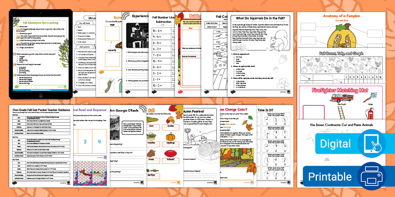 First Grade Fall Sub Pack (teacher made) - Twinkl