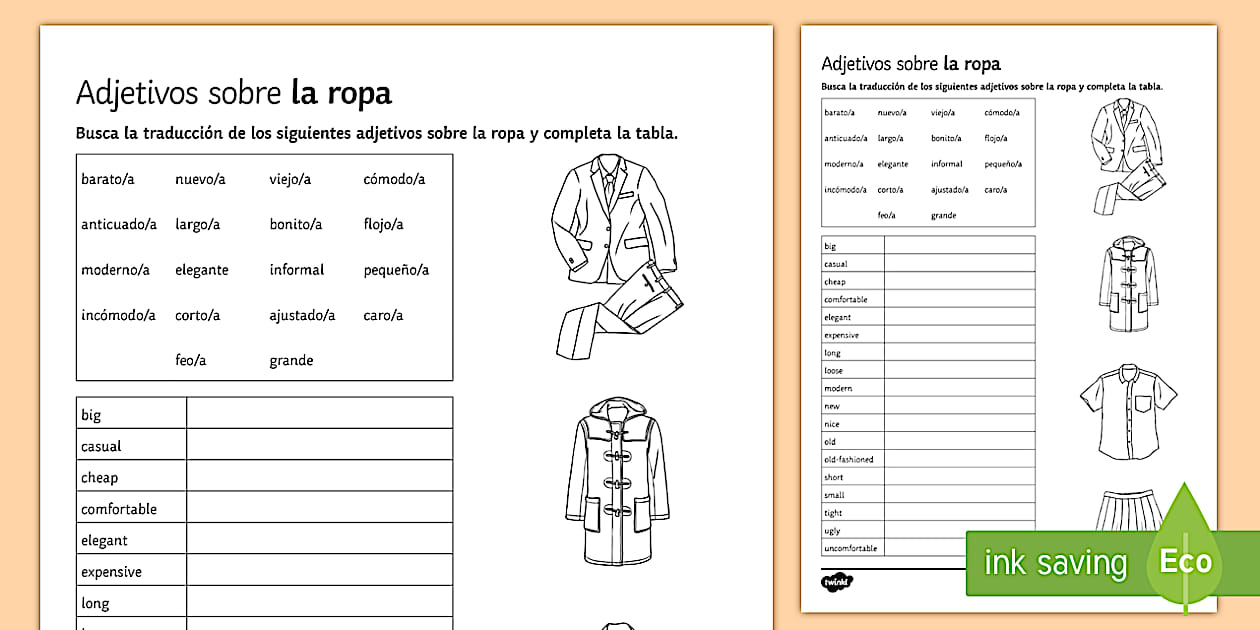 Adjectives for Clothes Sorting Worksheet / Worksheet Spanish