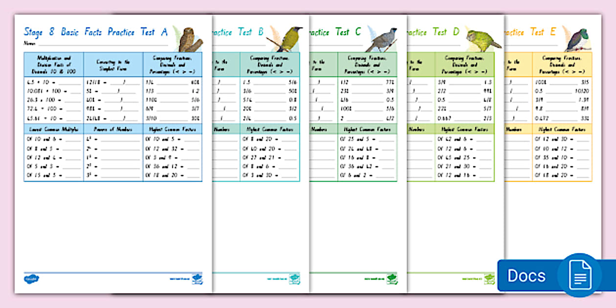 Stage 8 Basic Facts Practice Tests