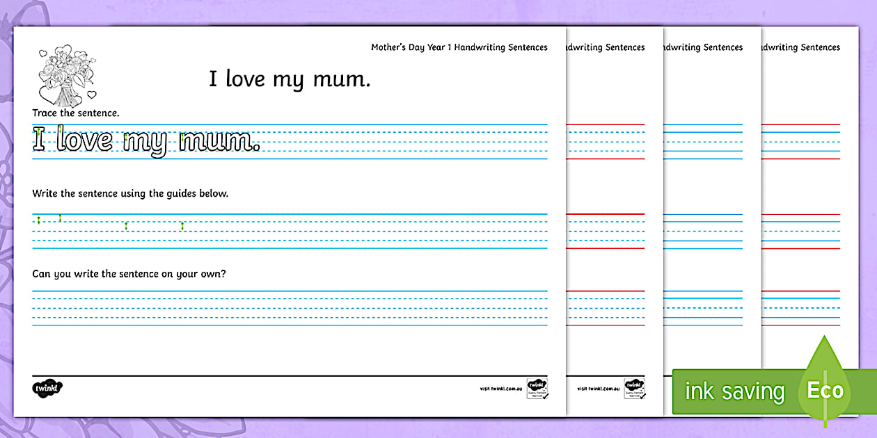 QLD Mother's Day Year 1 Handwriting Worksheets - Twinkl
