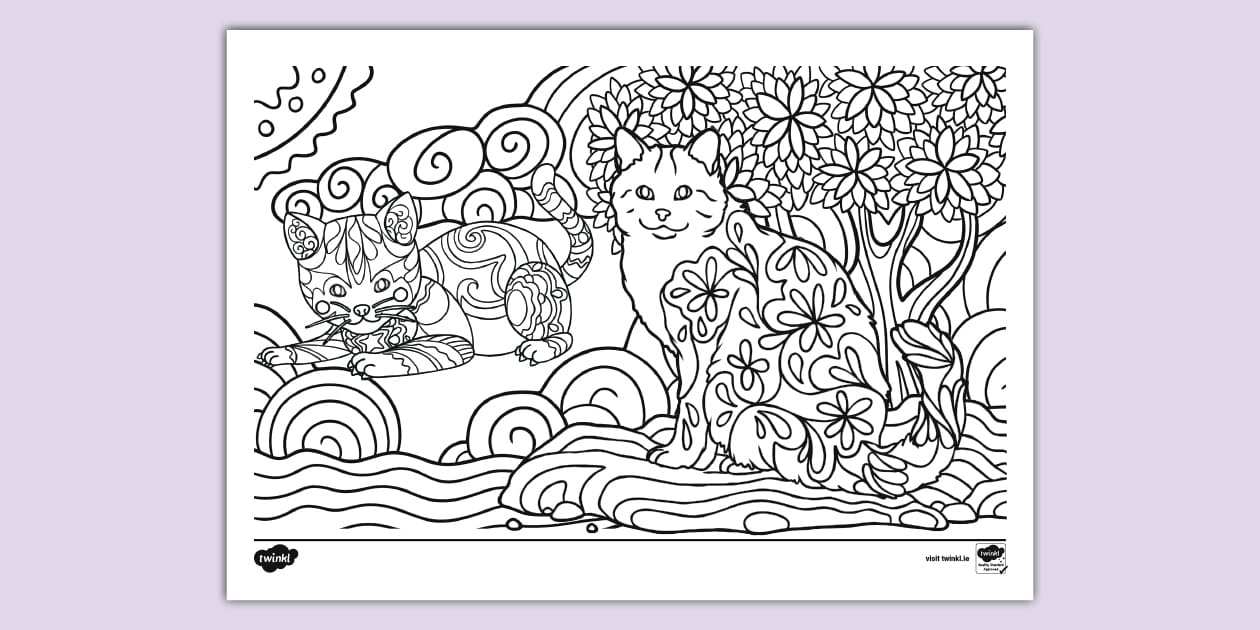 Cats Mindfulness Colouring Sheets (Teacher-Made) - Twinkl