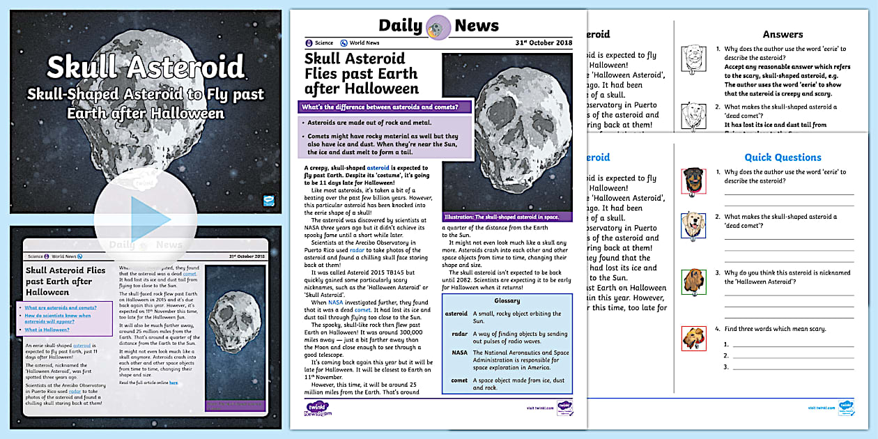 Skull-Shaped Asteroid Reading Comprehension | Twinkl